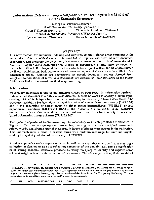 Pdf Information Retrieval Using A Singular Value Decomposition Model Of Latent Semantic Structure