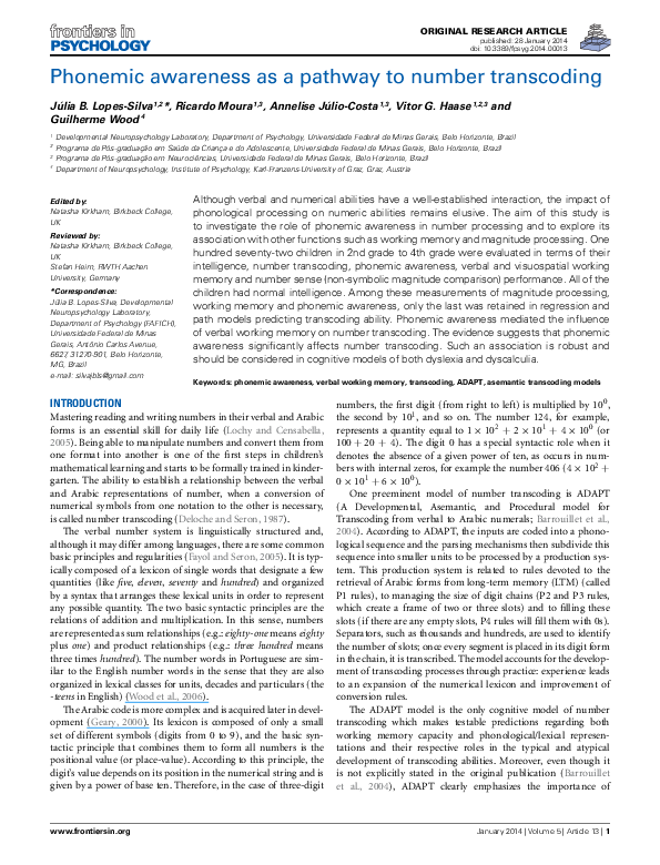 (PDF) Phonemic awareness as a pathway to number transcoding
