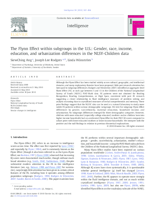 (PDF) The Flynn Effect within subgroups in the U.S.: Gender, race ...