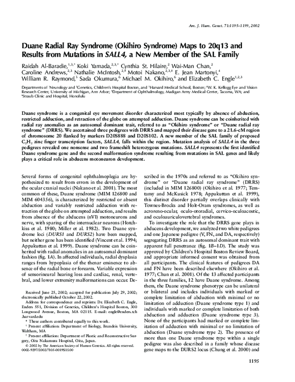 (PDF) Duane Radial Ray Syndrome (Okihiro Syndrome) Maps to 20q13 and ...