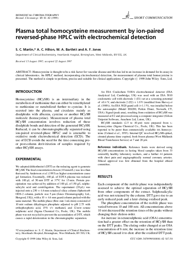 (PDF) Plasma total homocysteine measurement by ion-paired reversed ...