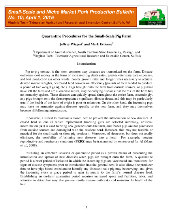 (PDF) Quarantine Procedures for the Small-Scale Pig Farm