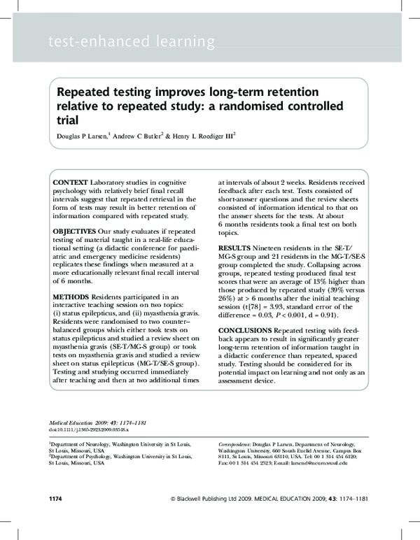 (PDF) Repeated testing improves long-term retention relative to ...