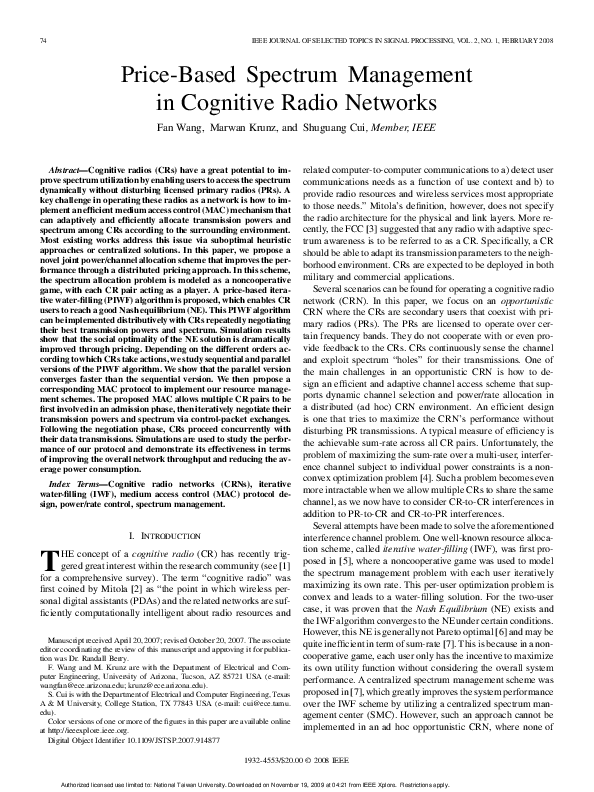 (PDF) Price-based spectrum management in cognitive radio networks