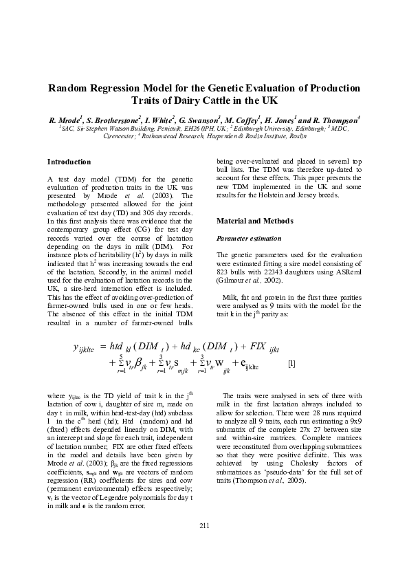 (PDF) Random regression model for the genetic evaluation of production traits of dairy cattle in ...