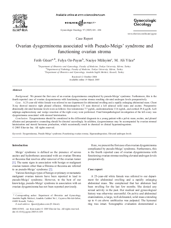 (PDF) Ovarian dysgerminoma associated with Pseudo-Meigs' syndrome and functioning ovarian stroma ...