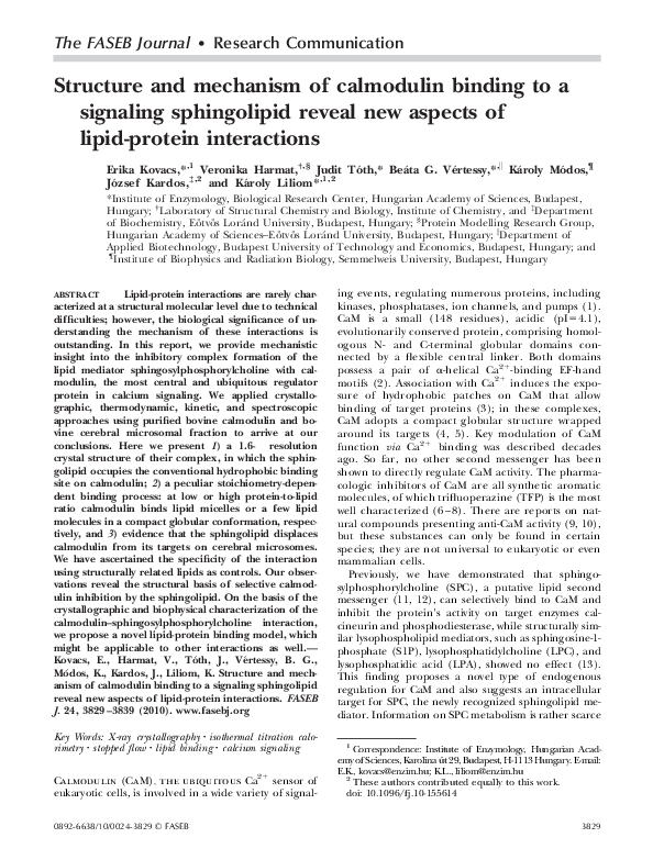 (PDF) Structure and mechanism of calmodulin binding to a signaling sphingolipid reveal new ...