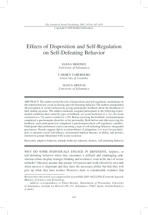 (PDF) Effects of Disposition and Self-Regulation on Self-Defeating Behavior