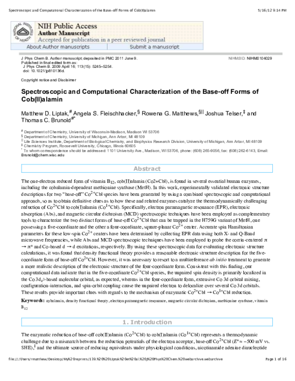 (PDF) Spectroscopic and Computational Characterization of the Base-off Forms of Cob(II)alamin