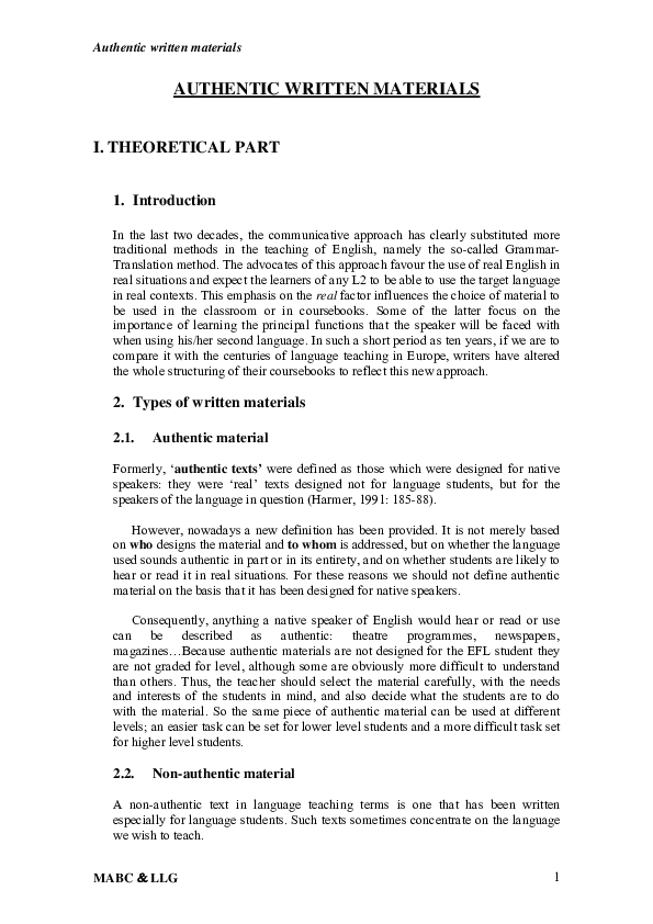 (PDF) AUTHENTIC WRITTEN MATERIALS I. THEORETICAL PART