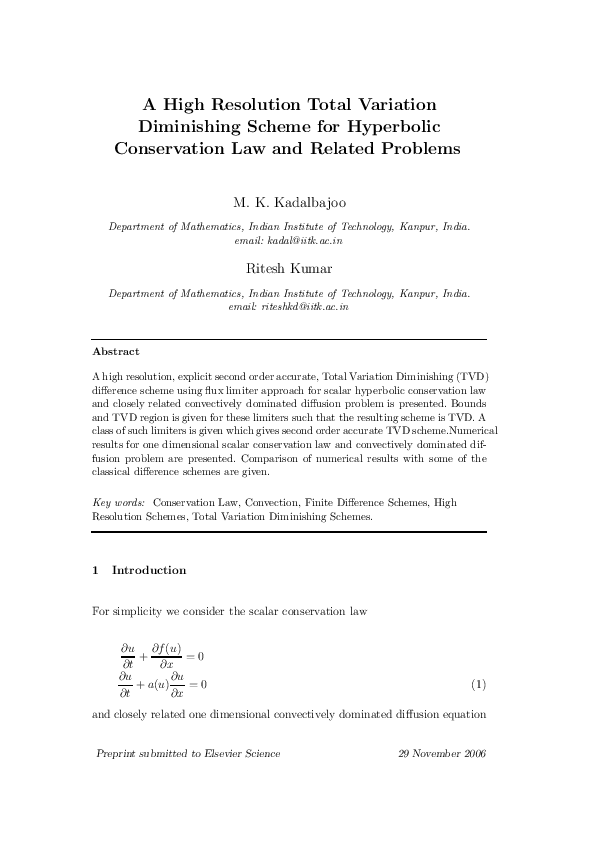 Pdf A High Resolution Total Variation Diminishing Scheme For Hyperbolic Conservation Law And