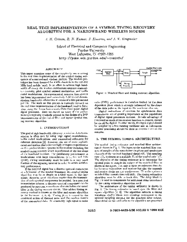 Pdf Real Time Implementation Of A Symbol Timing Recovery Algorithm For A Narrowband Wireless Modem