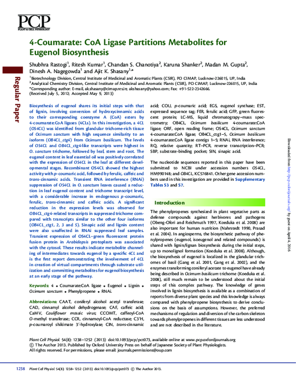 (PDF) 4-Coumarate: CoA Ligase Partitions Metabolites for Eugenol ...