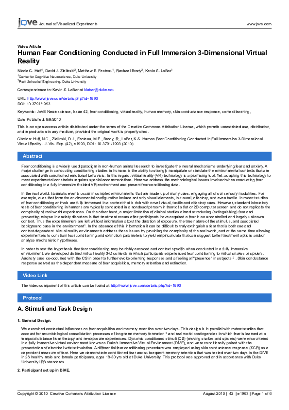 (PDF) Human Fear Conditioning Conducted in Full Immersion 3-Dimensional ...