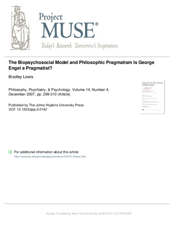 (PDF) George Engel’s Legacy for the Philosophy of Medicine and Psychiatry