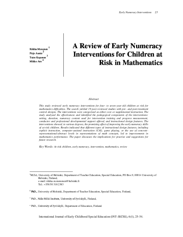 (PDF) A Review of Early Numeracy Interventions for Children at Risk in ...