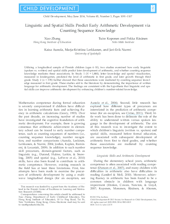 (PDF) Linguistic and Spatial Skills Predict Early Arithmetic Development via Counting Sequence ...
