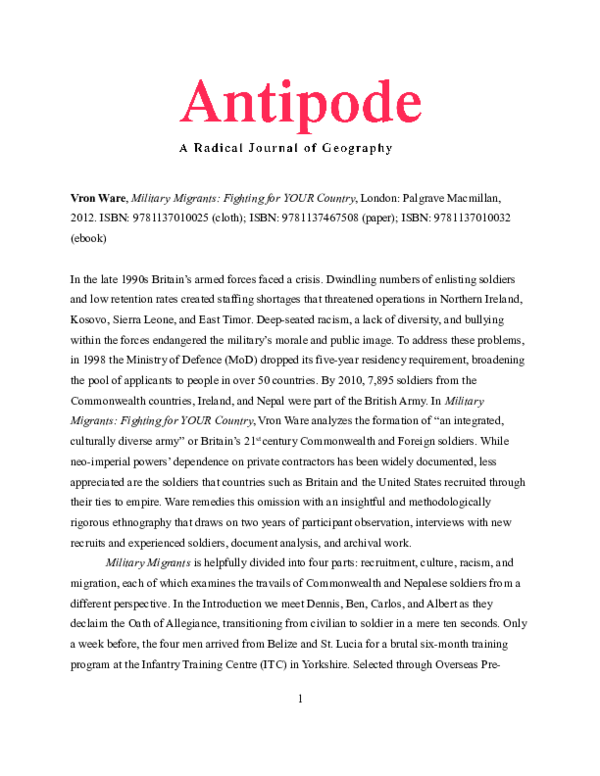 (PDF) Review of "Military Migrants: Fighting for YOUR Country" by Vron Ware