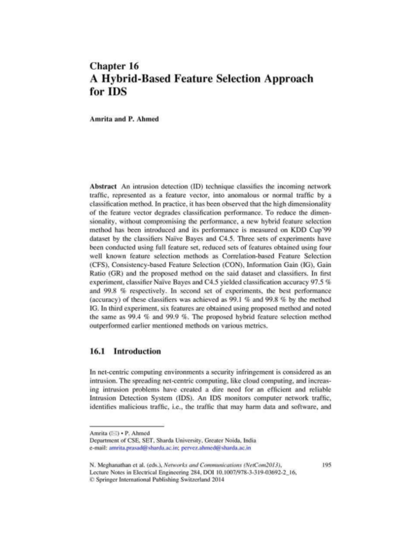 A Hybrid Based Feature Selection Approach For Ids Dr Amrita