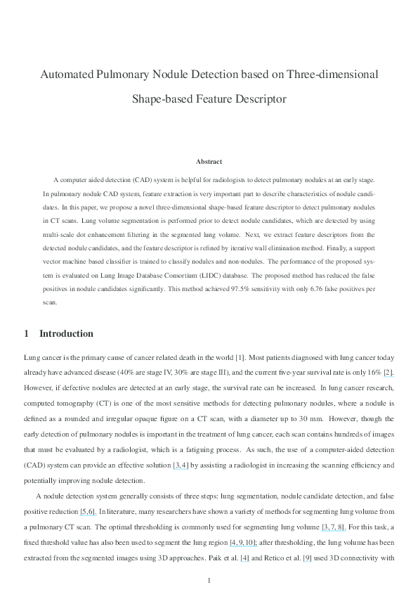 Pdf Automated Pulmonary Nodule Detection Based On Three Dimensional Shape Based Feature Descriptor