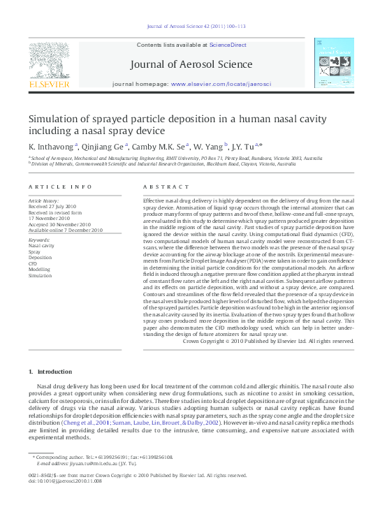 (PDF) Simulation of sprayed particle deposition in a human nasal cavity ...