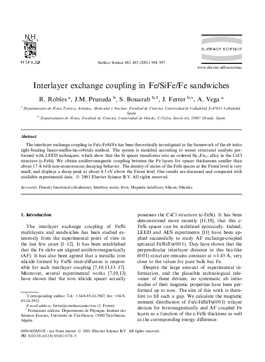 (PDF) Interlayer exchange coupling in Fe/SiFe/Fe sandwiches