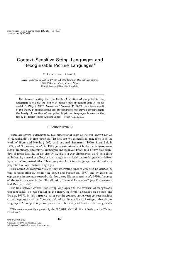 Pdf Context Sensitive String Languages And Recognizable Picture Languages