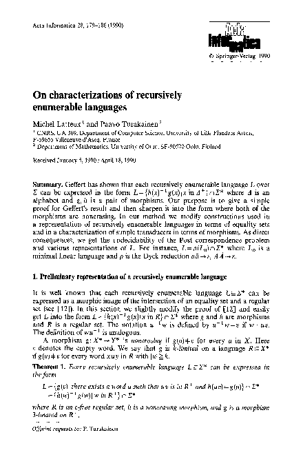 Pdf On Characterizations Of Recursively Enumerable Languages