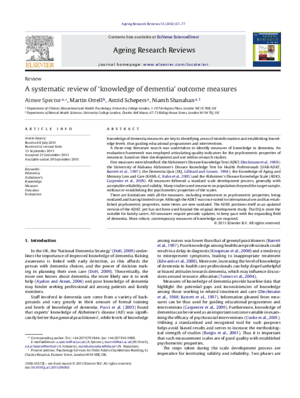 (PDF) A systematic review of ‘knowledge of dementia’ outcome measures