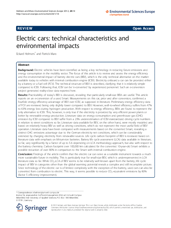 (PDF) Electric cars: technical characteristics and environmental impacts