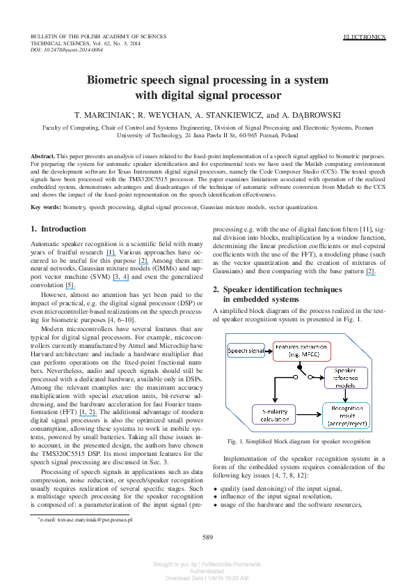 (PDF) Biometric speech signal processing in a system with digital ...