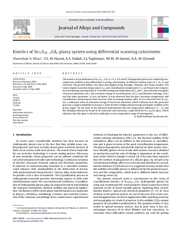 (PDF) Kinetics of Se75S25−xCdx glassy system using differential ...