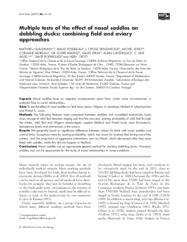 (PDF) Multiple tests of the effect of nasal saddles on dabbling ducks ...