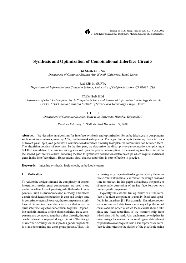 Pdf Synthesis And Optimization Of Combinational Interface Circuits 
