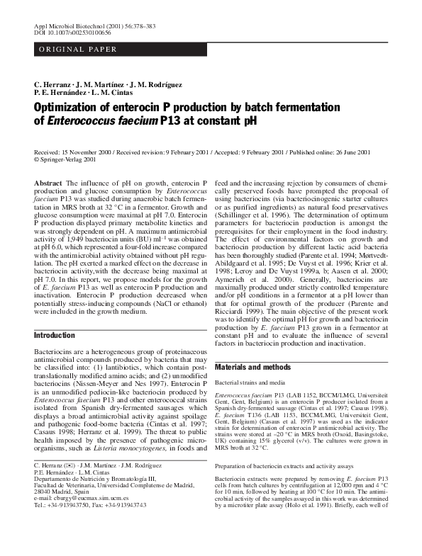 Pdf Optimization Of Enterocin P Production By Batch Fermentation Of