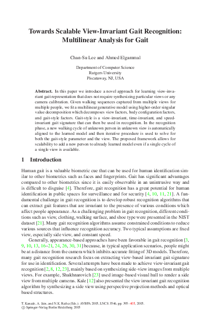 Pdf Towards Scalable View Invariant Gait Recognition Multilinear Analysis For Gait