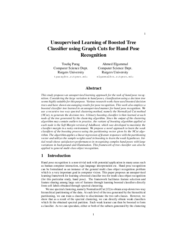 Pdf Unsupervised Learning Of Boosted Tree Classifier Using Graph Cuts For Hand Pose Recognition