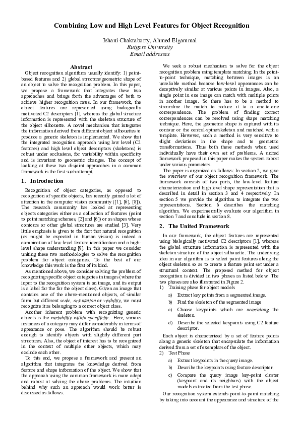 (PDF) Combining Low and High Level Features for Object Recognition