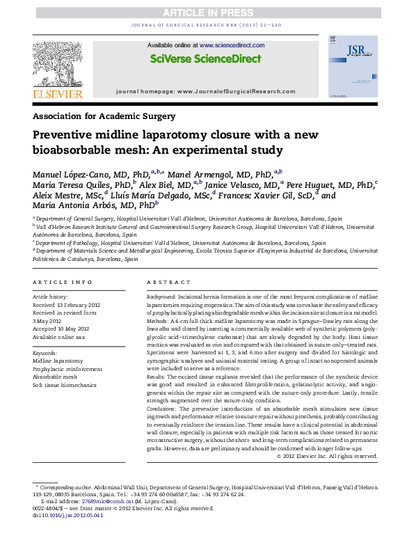 (PDF) Preventive midline laparotomy closure with a new bioabsorbable ...