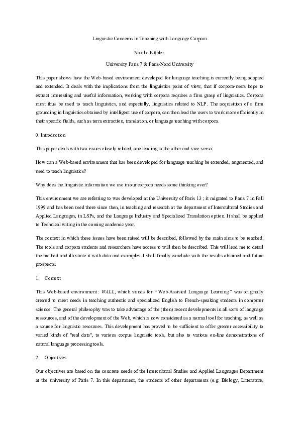 (PDF) Linguistic Concerns in Teaching with Language Corpora