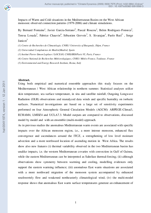 (PDF) Impacts of warm and cold situations in the Mediterranean basins on the West African ...