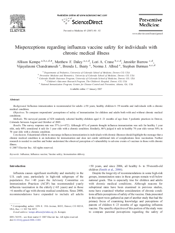 (PDF) Misperceptions regarding influenza vaccine safety for individuals with chronic medical illness