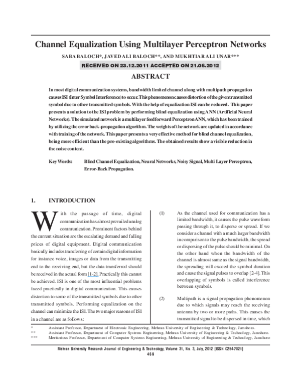 (PDF) Channel Equalization Using Multilayer Perceptron Networks