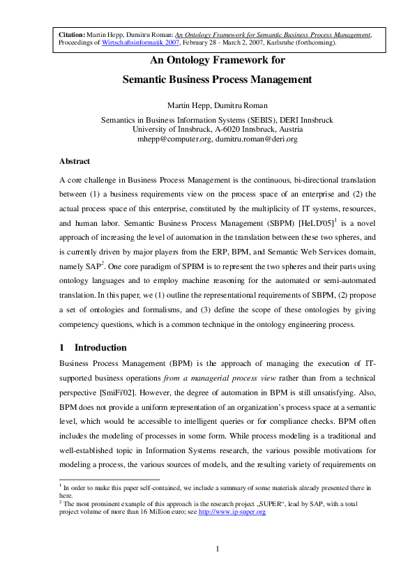 (PDF) An ontology framework for semantic business process management
