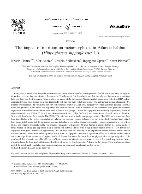 (PDF) The impact of nutrition on metamorphosis in Atlantic halibut ...