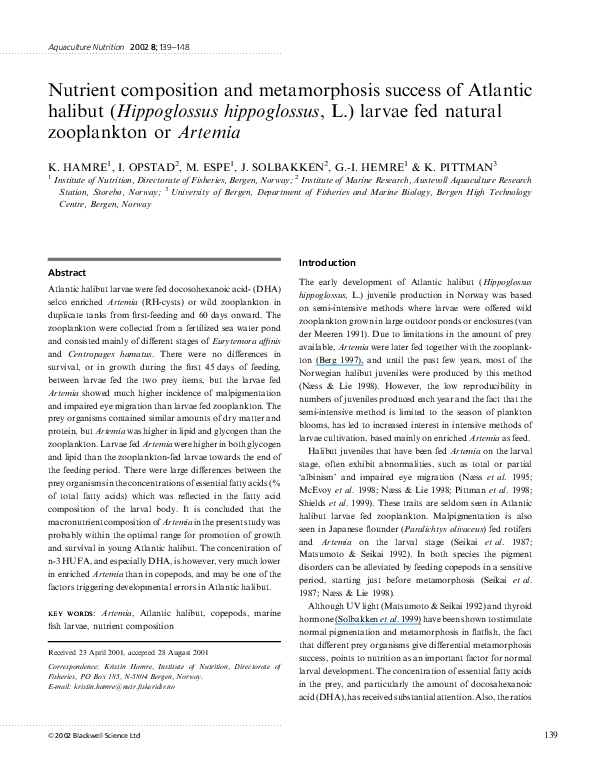 (PDF) Nutrient composition and metamorphosis success of Atlantic ...