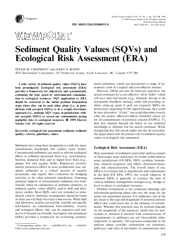 (PDF) Sediment Quality Values (SQVs) and Ecological Risk Assessment (ERA)