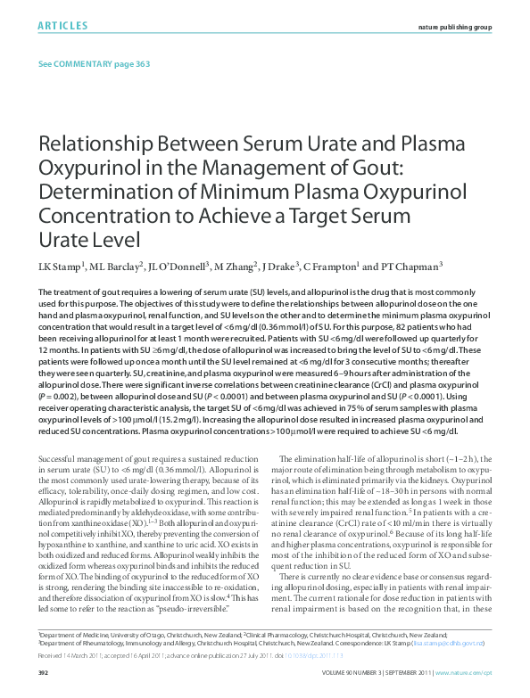 (PDF) Relationship between serum urate and plasma oxypurinol in the ...