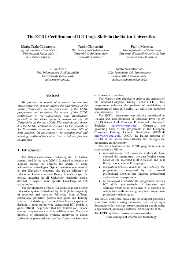 (PDF) The ECDL Certification of ICT Usage Skills in the Italian Universities