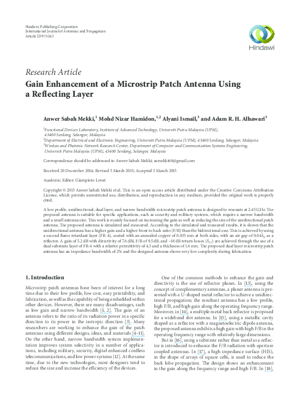 (PDF) Gain Enhancement of a Microstrip Patch Antenna Using a ...